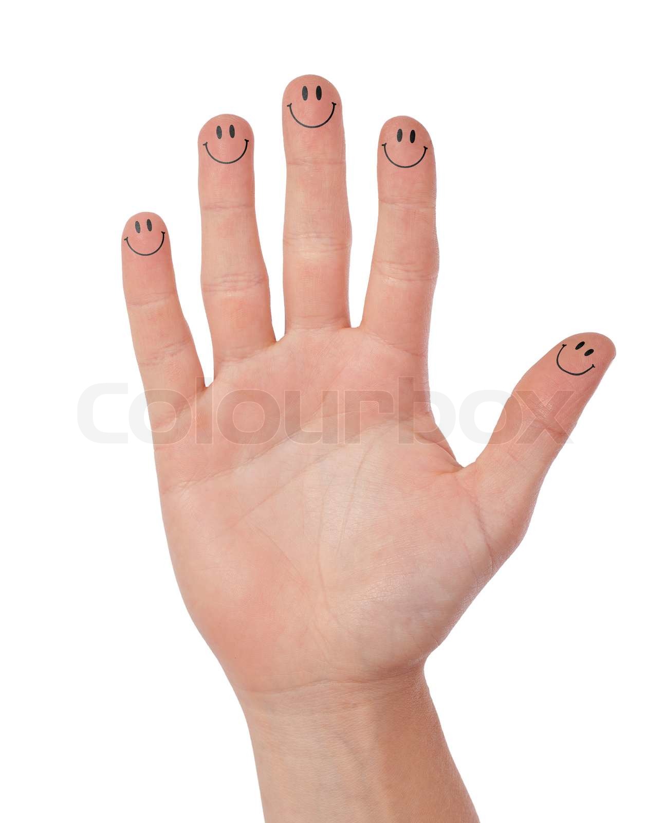 Hand with smileys isolated on white, concept of communication | Stock ...