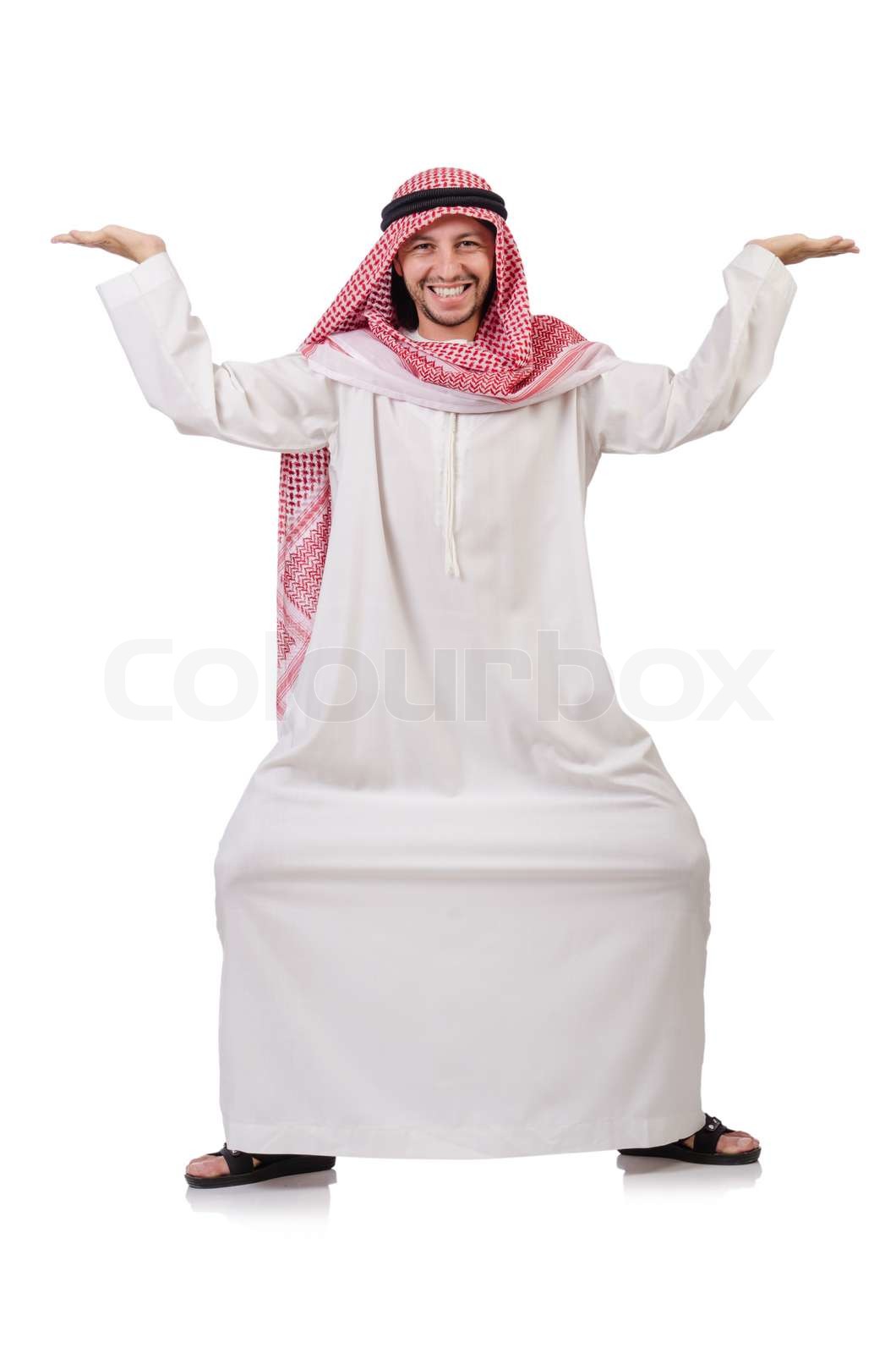 Arab man pushing away virtual obstacle isolated on white | Stock image ...