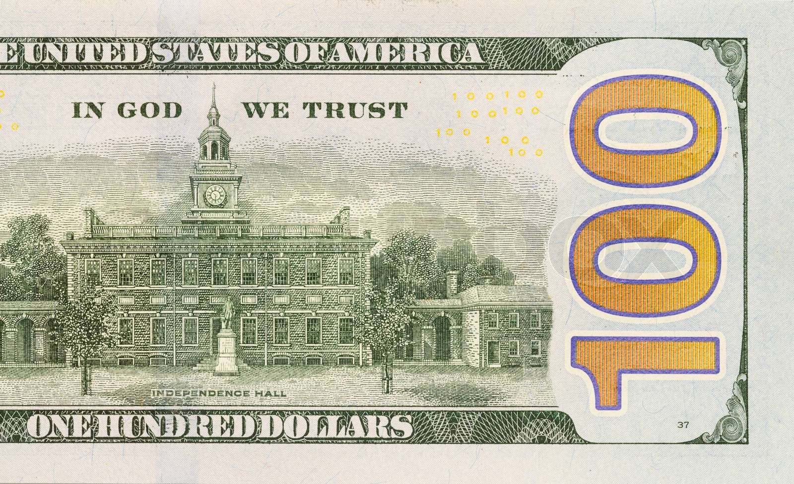 Back Right Half of the New One Hundred Dollar Bill | Stock image ...