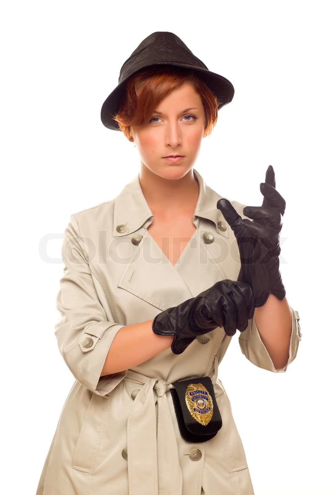 Female Detective With Badge and Gloves In Trench Coat on White | Stock ...