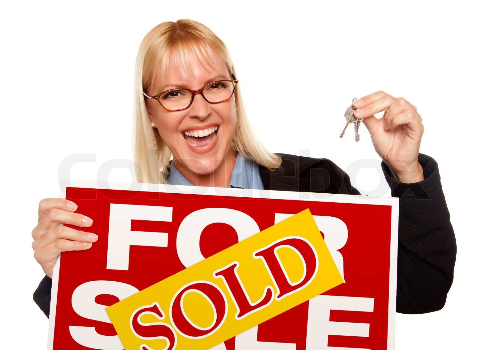 Attractive Blonde Holding Keys & Sold For Sale Sign | Stock image ...