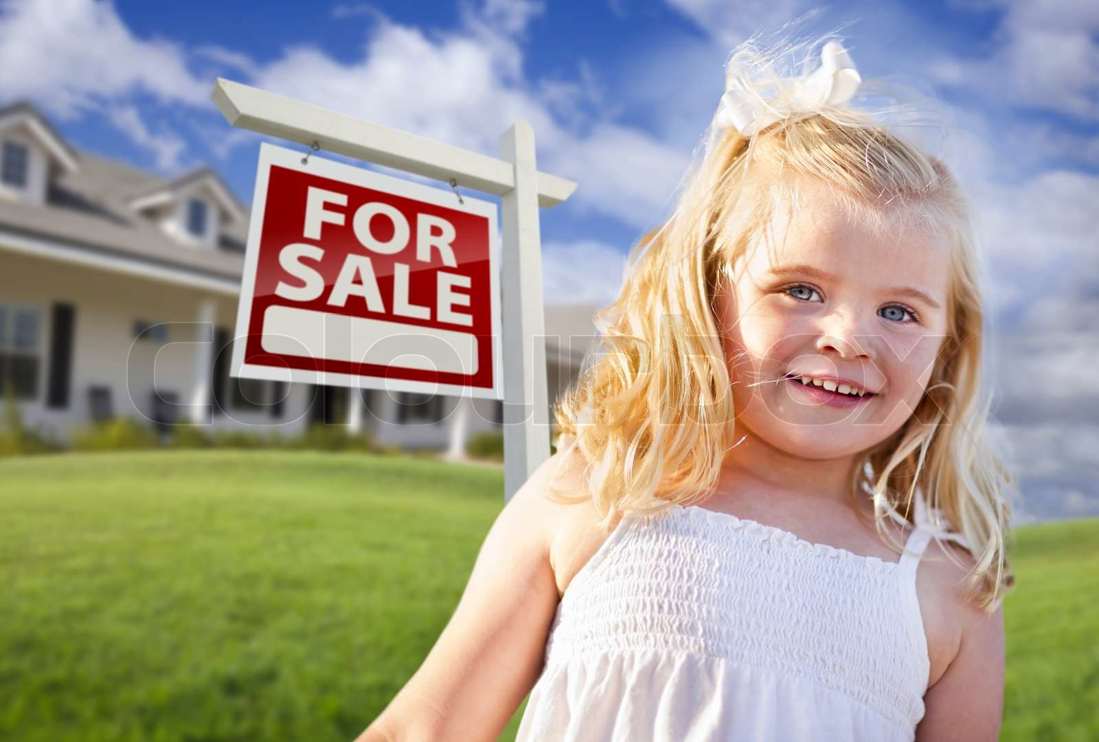 Cute Smiling Girl in Yard with For Sale Real Estate Sign and House ...