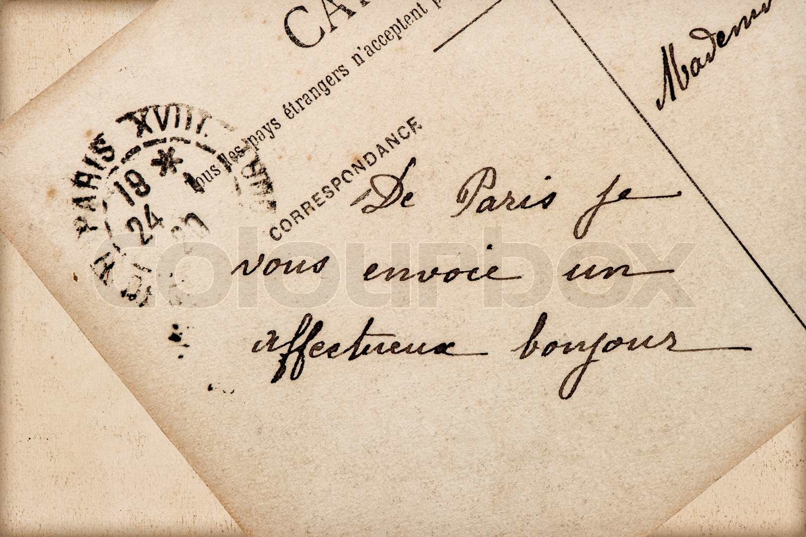 french postcard with text lovely greetings from paris | Stock image ...