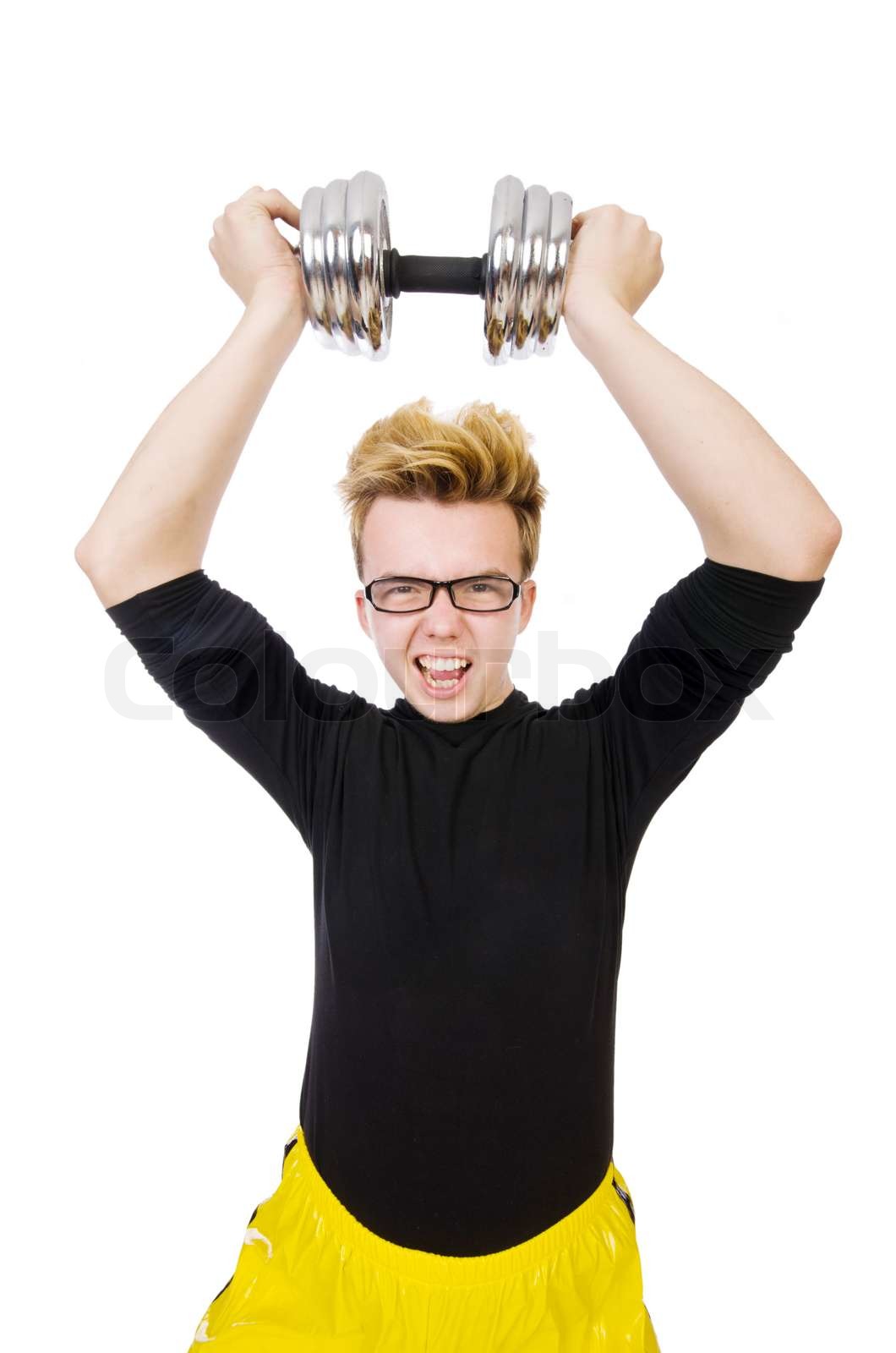 Funny guy with dumbbels on white | Stock image | Colourbox
