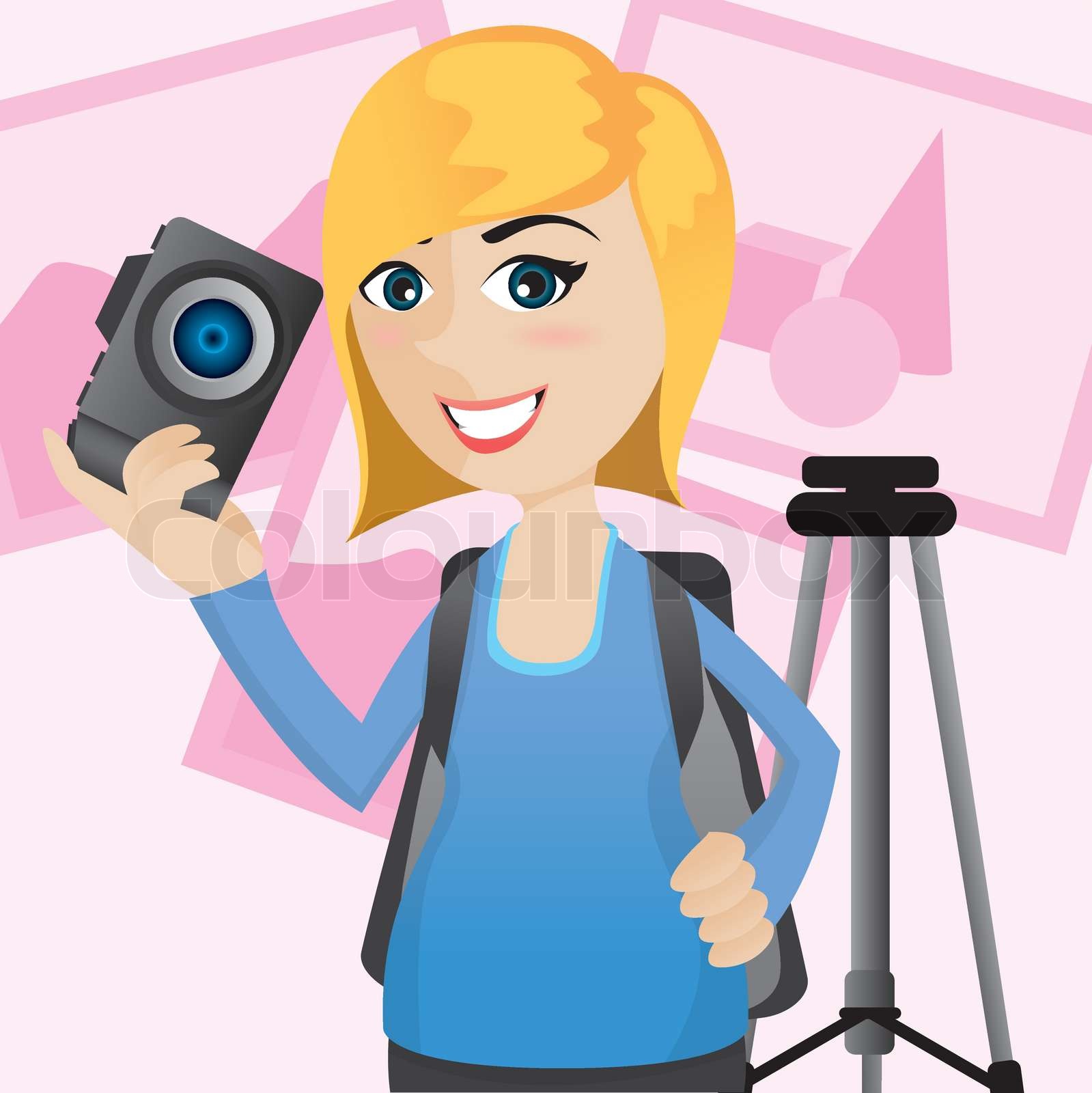 cartoon cute photographer with camera and tripod | Stock vector | Colourbox