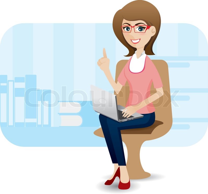 Illustration of cartoon cute girl with laptop at office | Stock Vector ...