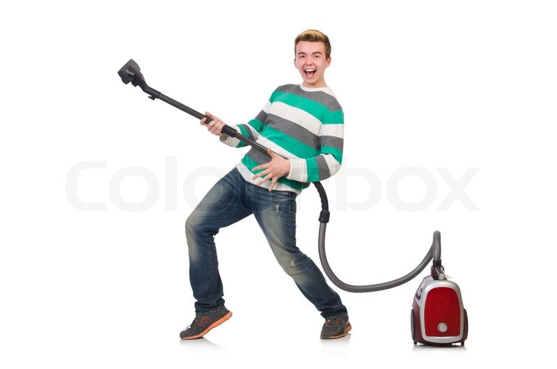 Funny man with vacuum cleaner on white | Stock Photo | Colourbox