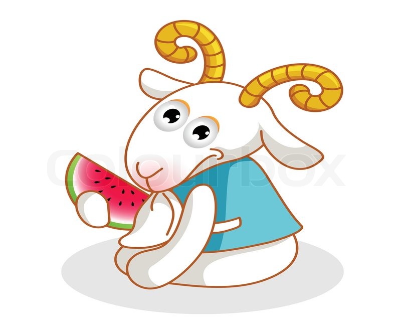 Cute cartoon goat eating watermelon | Stock vector | Colourbox