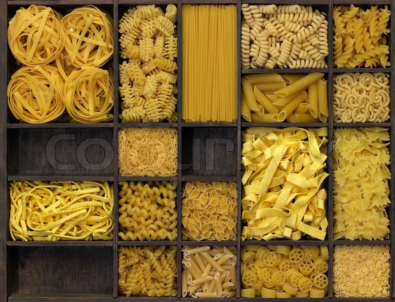 Lots of various noodles in a wooden box | Stock image | Colourbox