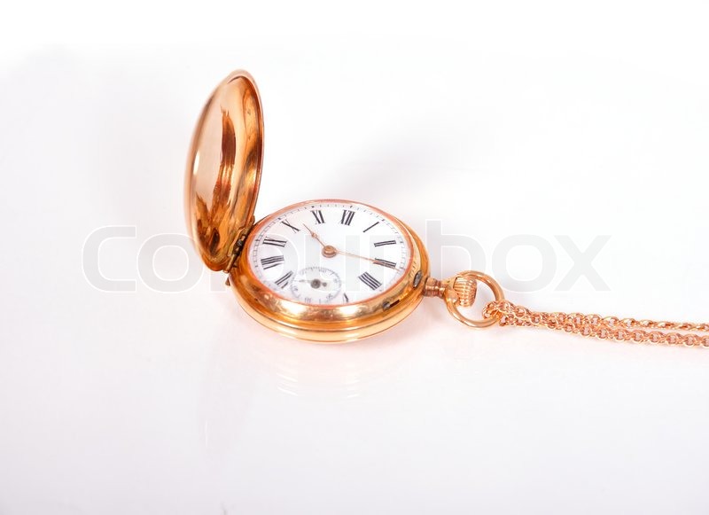 Gold pocket watch and chain on white ... | Stock image | Colourbox