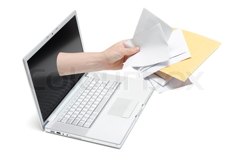 Hand popping out of a laptop holding ... | Stock image | Colourbox
