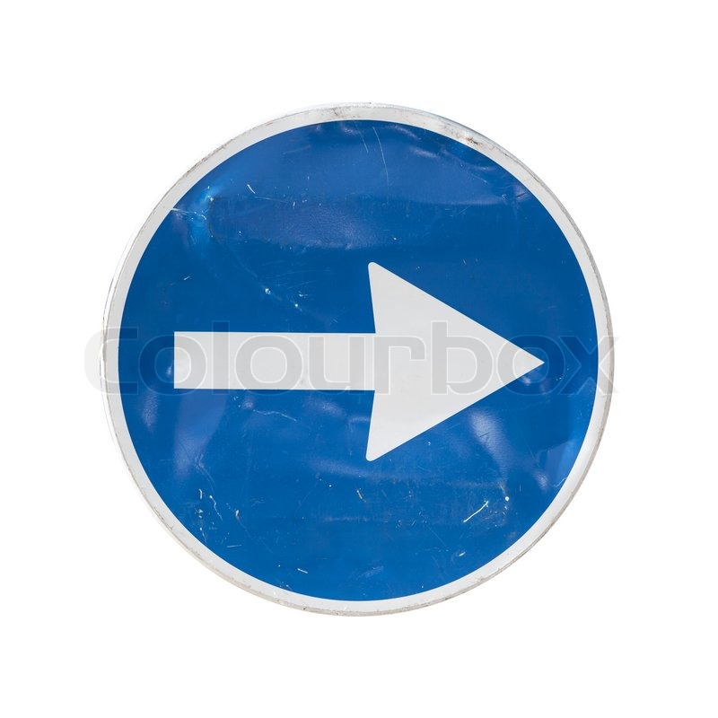 Blue road sign with white arrow to the ... | Stock image | Colourbox