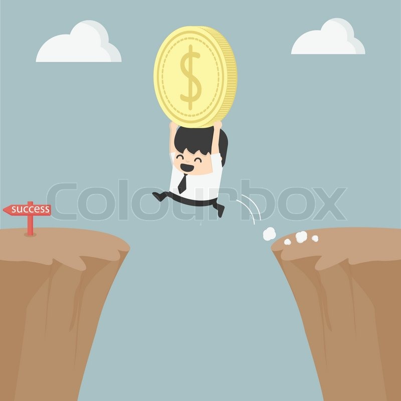 Businessman holding money jumping over ... | Stock vector | Colourbox