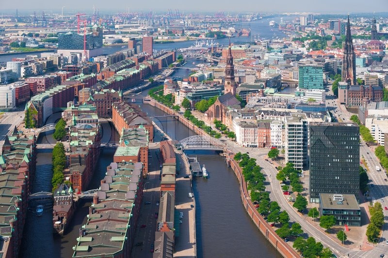 Aerial view of Hamburg and port in a ... | Stock image | Colourbox
