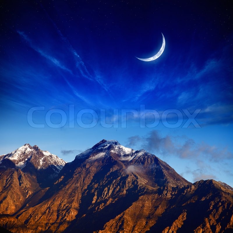Moon and stars above mountain with ... | Stock image | Colourbox