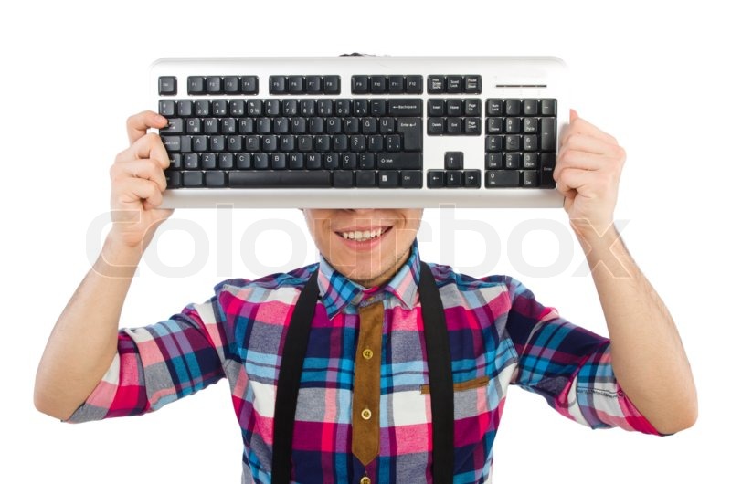 Computer nerd with keyboard isolated on ... | Stock image | Colourbox