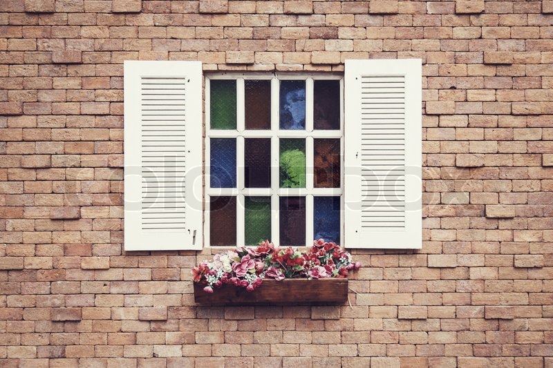 Vintage style Windows on brick wall | Stock image | Colourbox