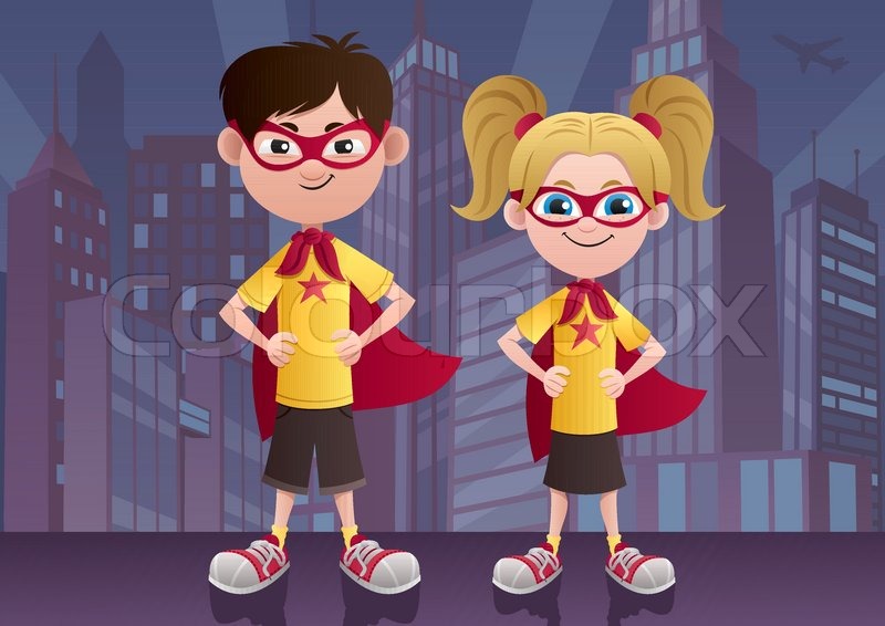 Super kids posing in front of ... | Stock vector | Colourbox