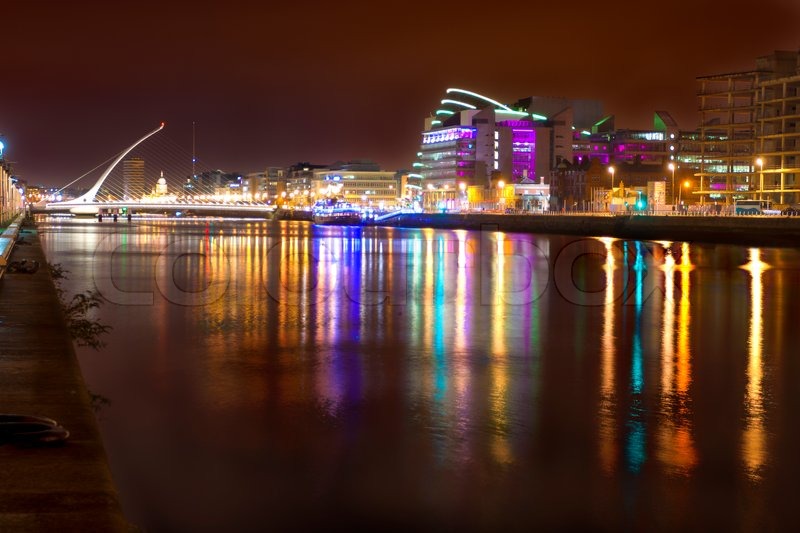View of Liffey river at night in ... | Stock image | Colourbox