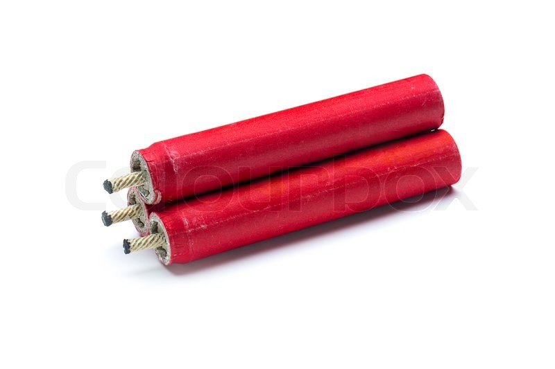 Three rods of dynamite on white ... | Stock image | Colourbox