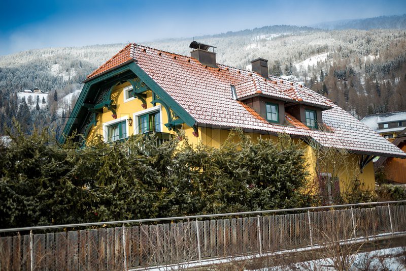 Beautiful wooden house in Alps against ... | Stock image | Colourbox