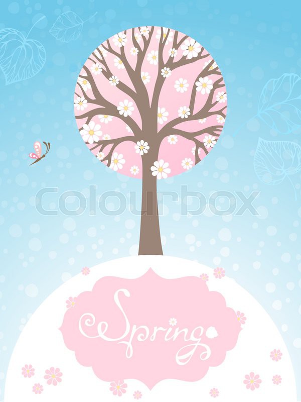 Tree in bloom on blue background. ... | Stock vector | Colourbox