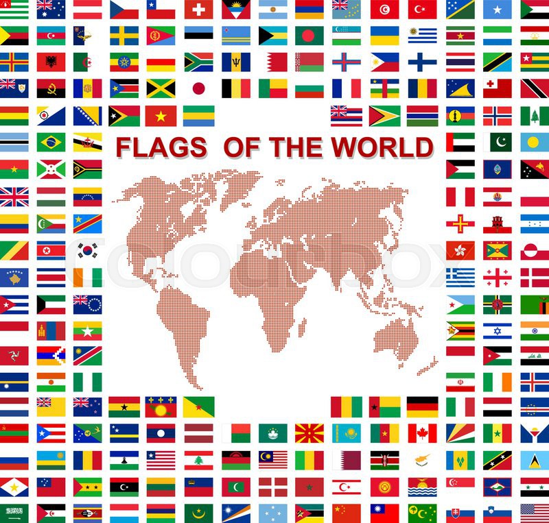 Flags of the world and map on white ... | Stock vector | Colourbox