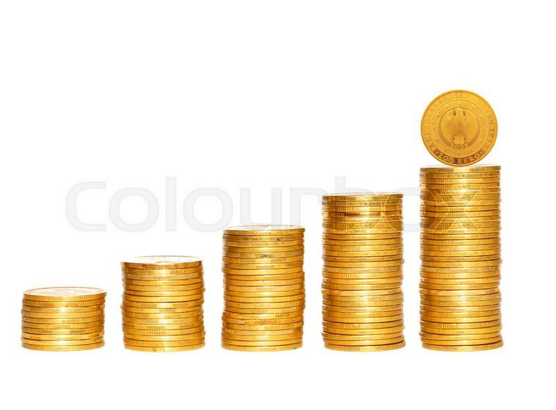 Columns of gold coins isolated on white ... | Stock image | Colourbox