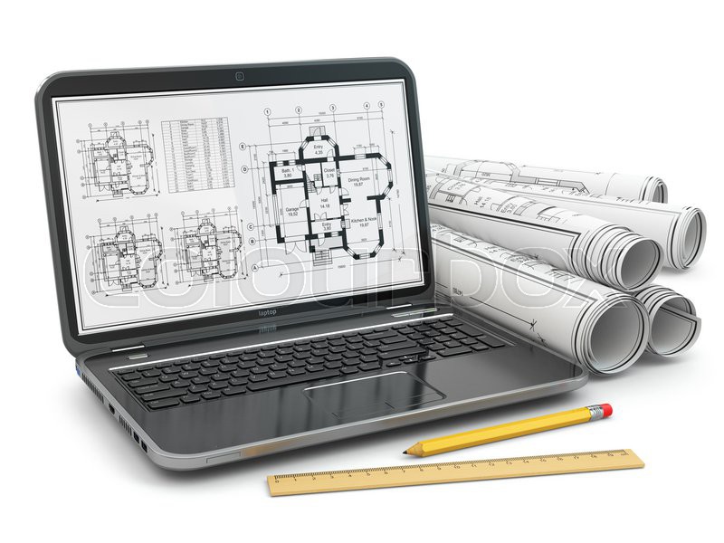 Laptop and blueprint with house ... | Stock image | Colourbox