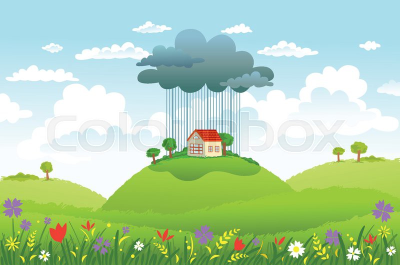 Cloud and rain over one house, while ... | Stock vector | Colourbox