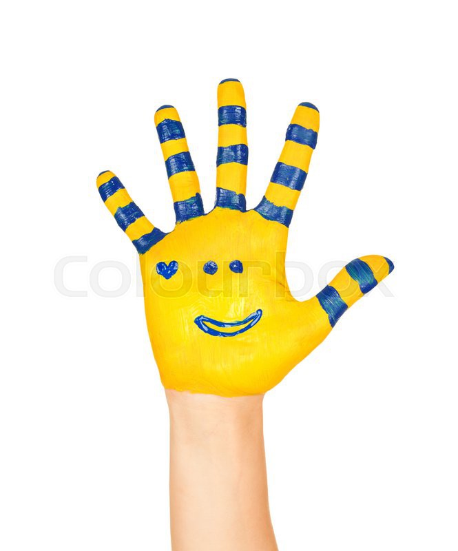 Image of an open hand yellow with blue ... | Stock image | Colourbox