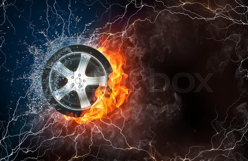 Wheel on fire and water with lightening ... | Stock image | Colourbox