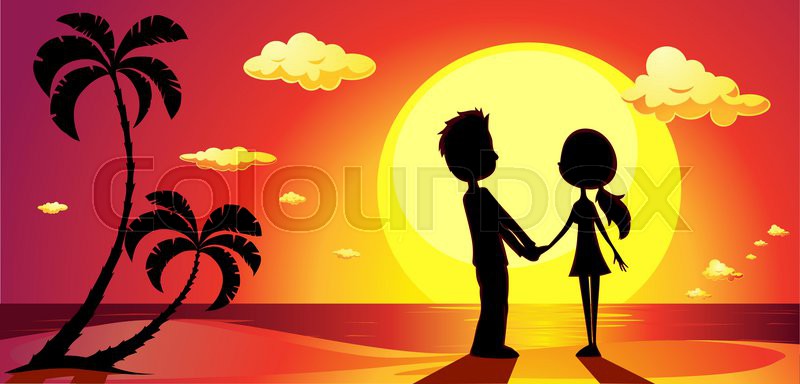 Lovers on a beach at sunset - vector ... | Stock vector | Colourbox