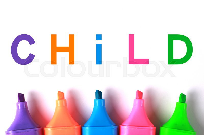 Colorful child word with markers on ... | Stock image | Colourbox