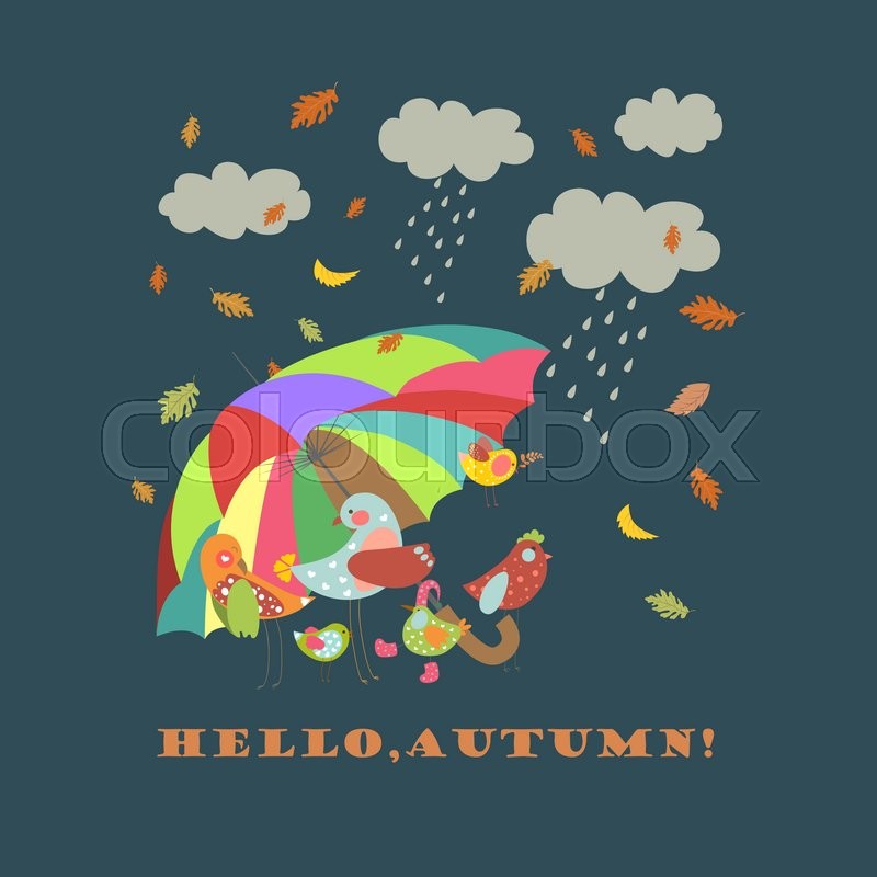 Colorful cute birds under umbrella. ... | Stock vector | Colourbox