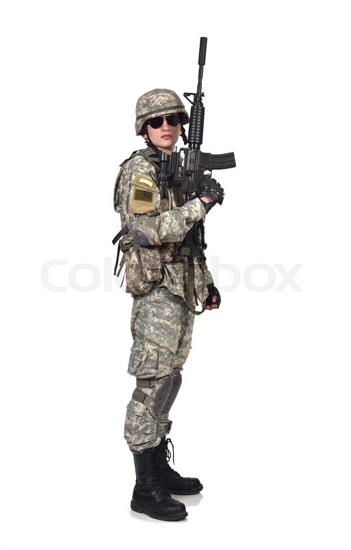Soldier raised his rifle up on a white ... | Stock image | Colourbox