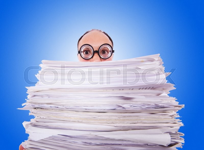 Funny man with lots of folders on white | Stock image | Colourbox