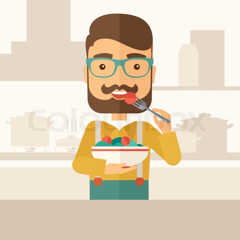 A hungry man eating meal with his fork ... | Stock vector | Colourbox
