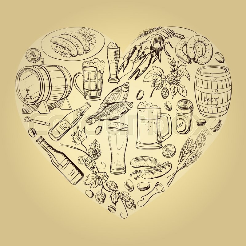 Beer hand drawing arranged in heart ... | Stock vector | Colourbox