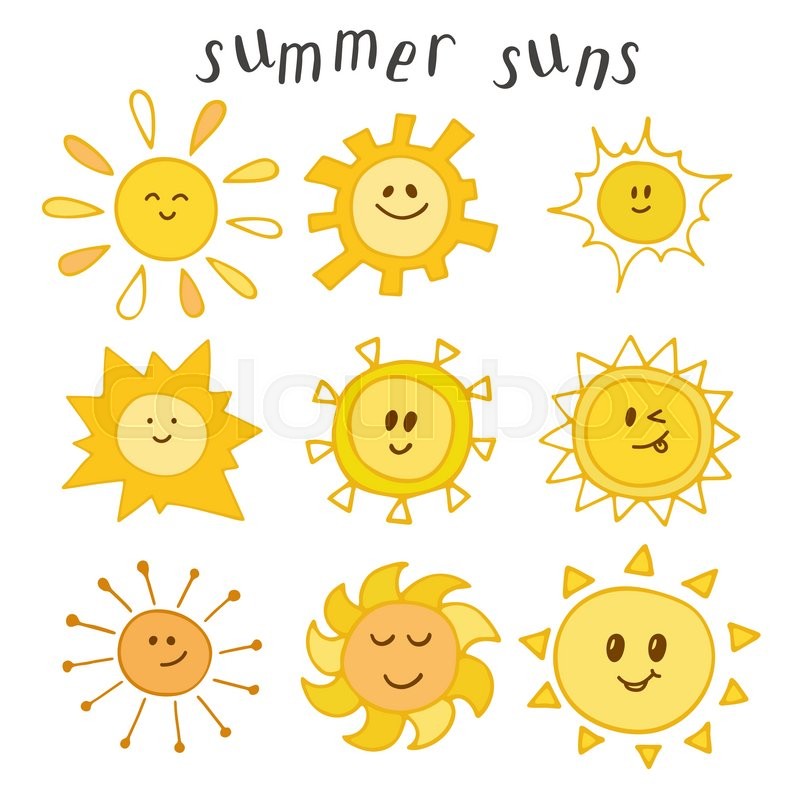 Set of cute summer suns. Hand drawn ... | Stock vector | Colourbox