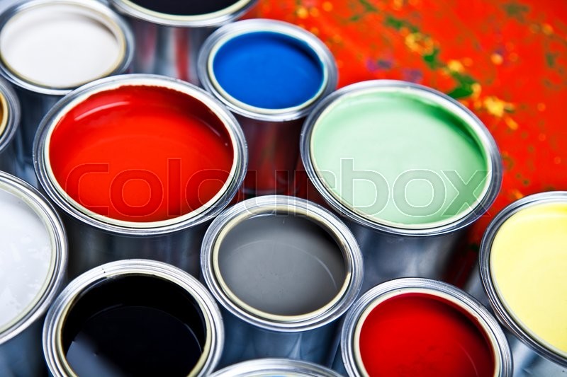 Paint buckets, paint and brush, bright ... | Stock image | Colourbox