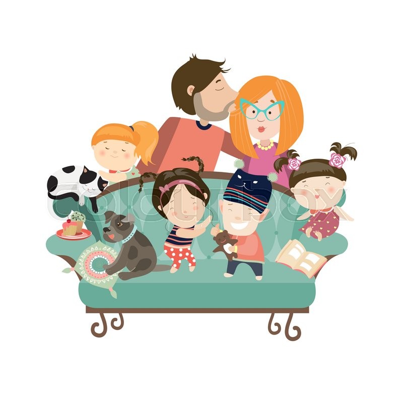 Happy kids with parents and pets. ... | Stock vector | Colourbox