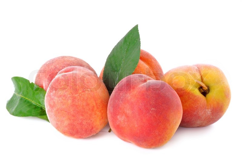 Five peaches on a white background with ... | Stock image | Colourbox