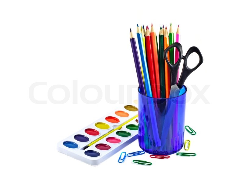 Pencils, scissors and paint on the ... | Stock image | Colourbox