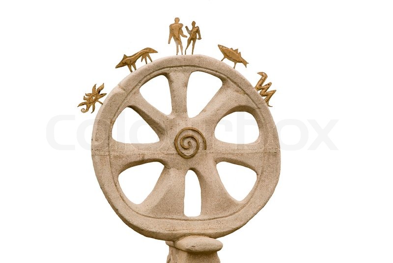 The stone wheel and ornament on a white background | Stock Photo ...