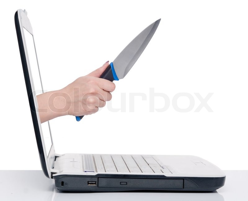Hand with knife comes from laptop ... | Stock image | Colourbox