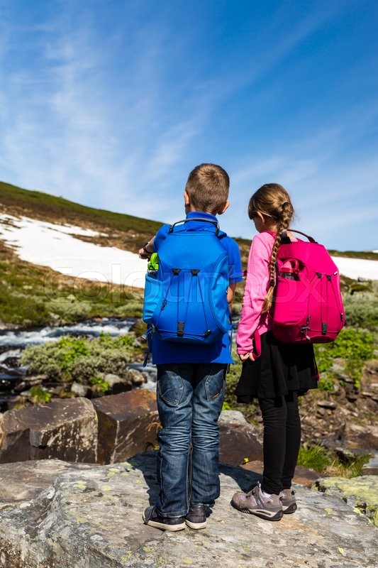 Two young and active children trekking ... | Stock image | Colourbox