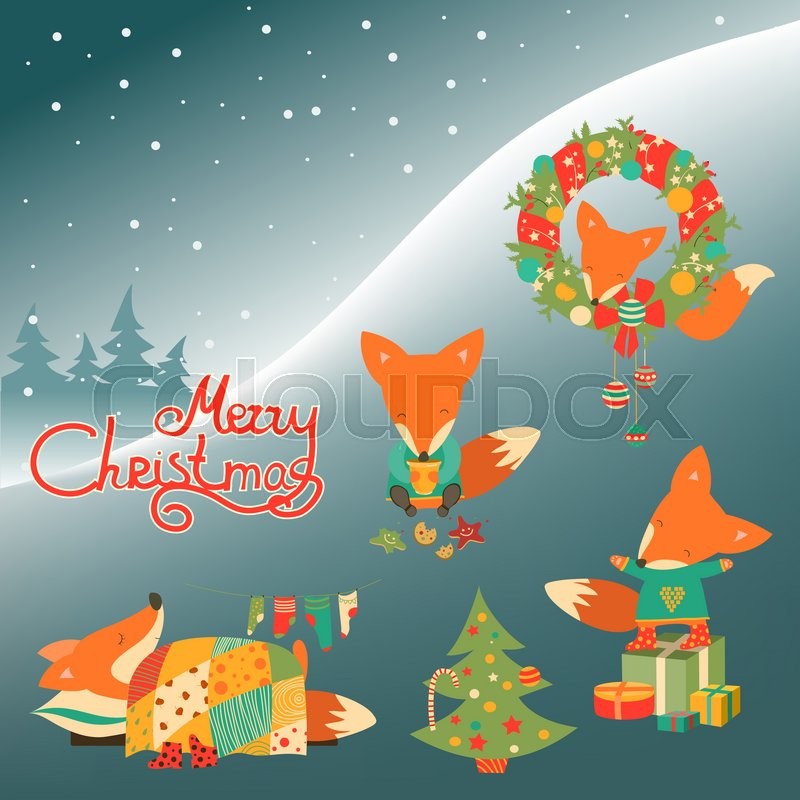 Cute little fox celebrating Christmas. ... | Stock vector | Colourbox