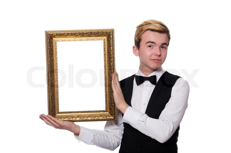 Guy with photo frame isolated on white | Stock image | Colourbox