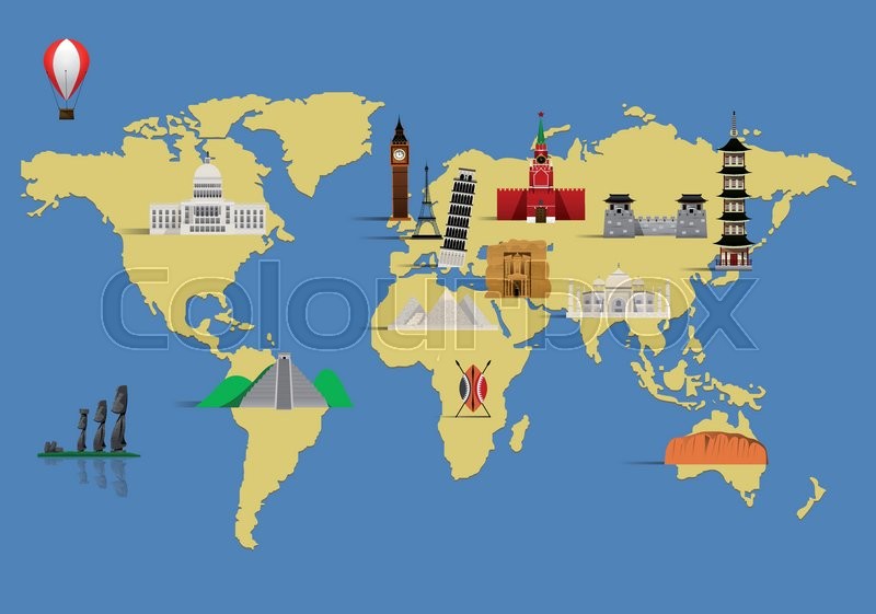 Illustration of world famous monument with map. Vector | Stock Vector ...